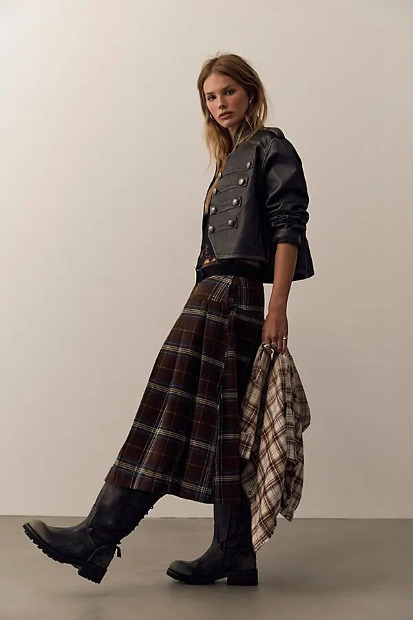 Free People Skipper Pleated Midi Skirt - Chocolate Combo