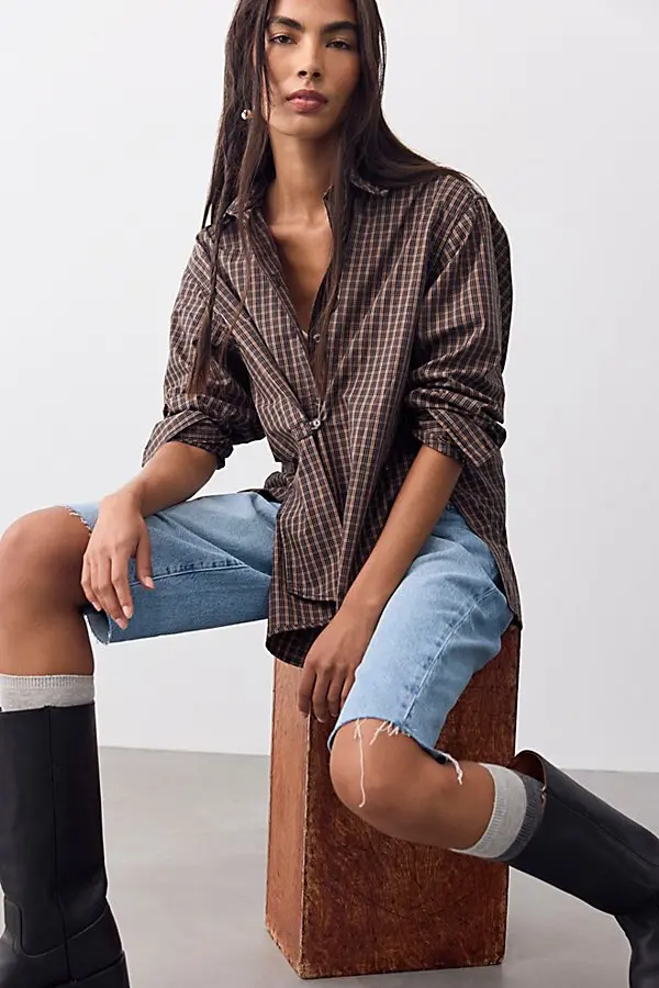 Free People We The Free Many Ways Plaid Button Down - Charcoal Combo