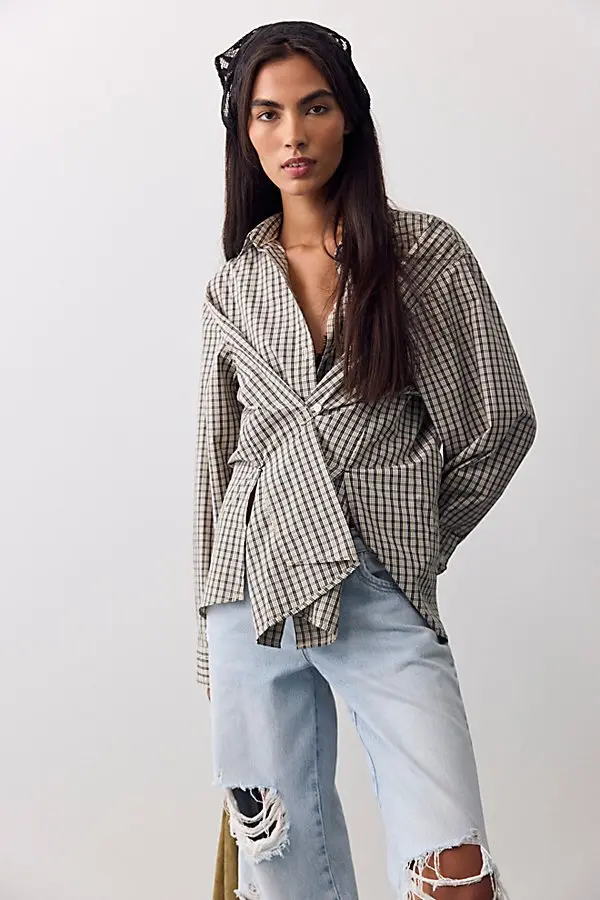Free People We The Free Many Ways Plaid Button Down Shirt - Tea Combo