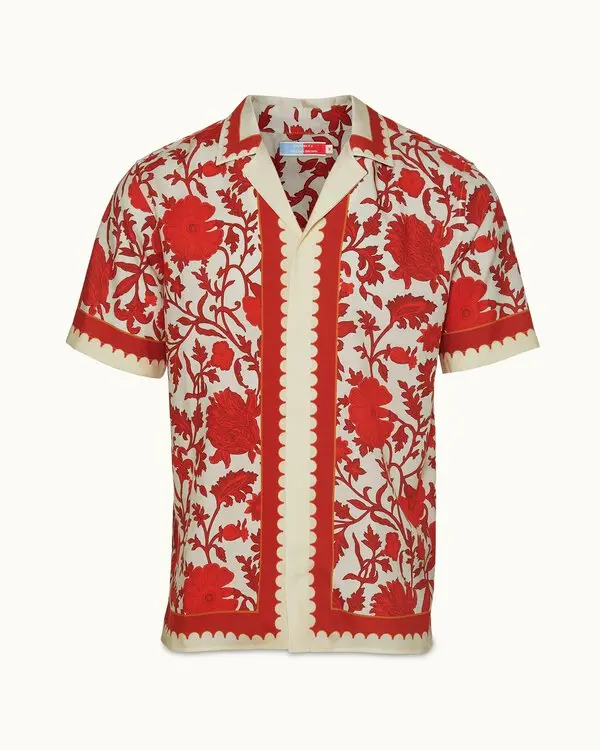 Orlebar Brown Dragonflower Print Relaxed Fit Capri Collar Shirt In Suer /white Sand - Red