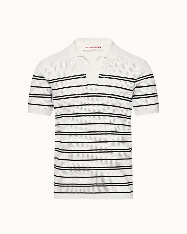 Orlebar Brown Stripe Tailored Fit Waffle Mesh Stitch Polo Shirt - White/night Iris