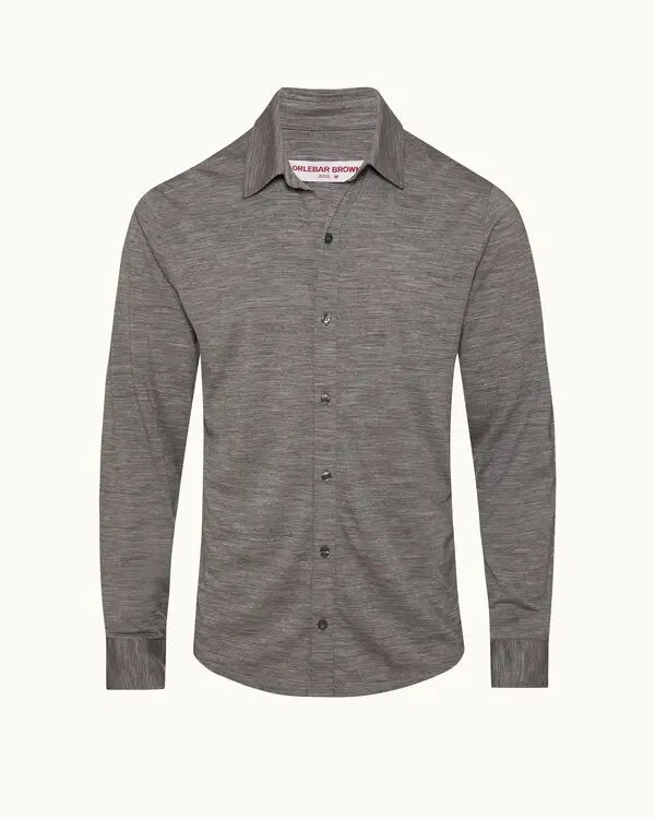 Orlebar Brown Melange Tailored Fit Claic Collar Merino Hirt - Grey
