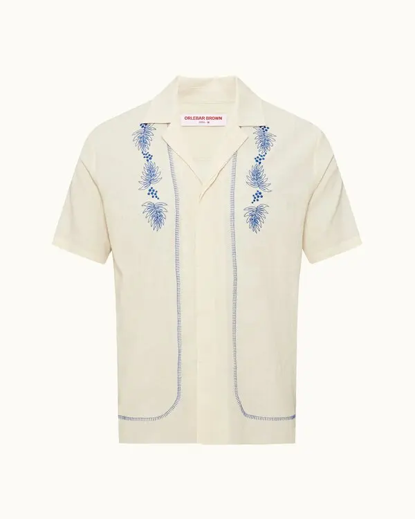 Orlebar Brown Relaxed Fit Capri Collar Embroidered Jacquard Cotton Shirt In Sand - White