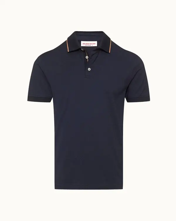 Orlebar Brown Claic Fit Tripe Tipping Collar Polo Hirt In Night Iri - Blue