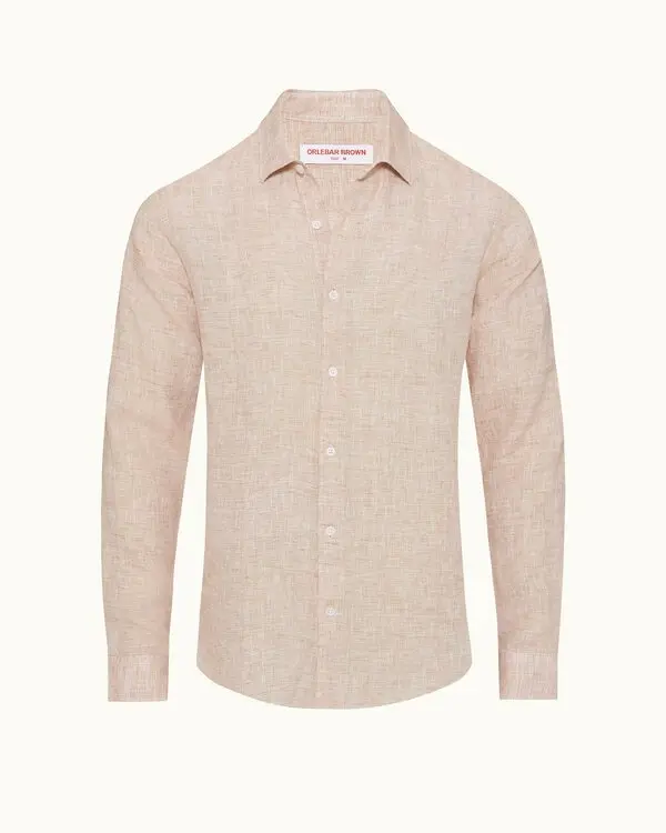 Orlebar Brown Tailored Fit Claic Collar Long-leeve Lightweight Linen Hirt - Ember/white
