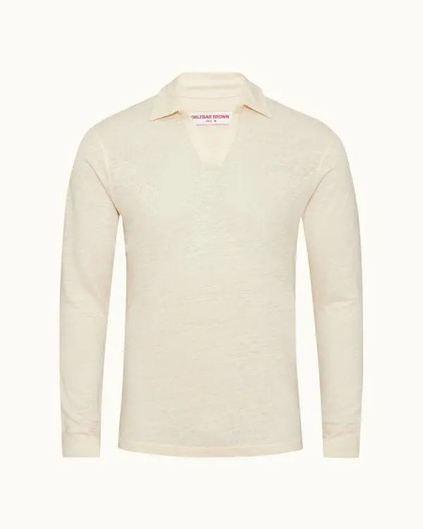 Orlebar Brown Tailored Fit Resort Collar Long-sleeve Linen Polo Shirt - Latte