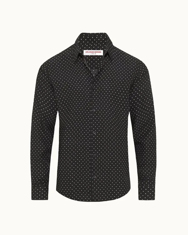 Orlebar Brown Tailored Fit Claic Collar Long-leeve Polka Dot Hirt - Black