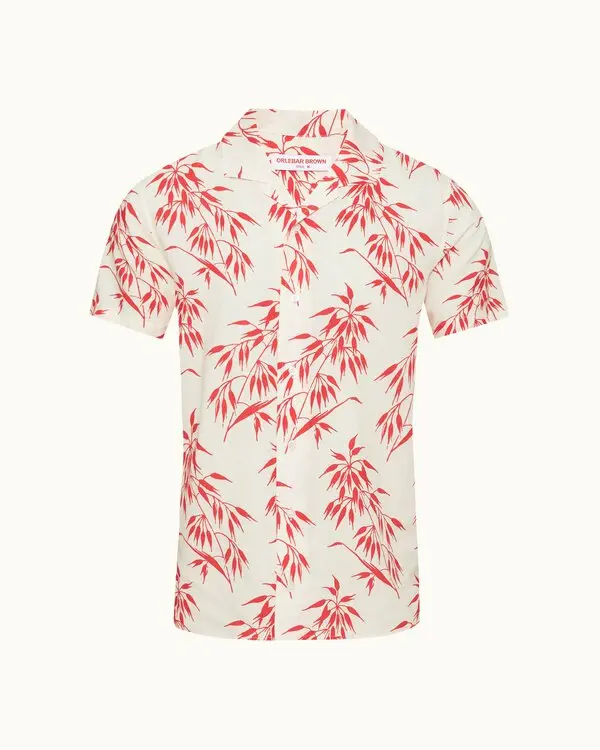 Orlebar Brown Classic Fit Capri Collar Bamboo Print Linen Shirt In Sand/summer Red - White