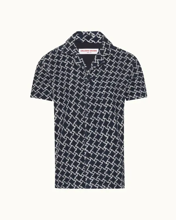 Orlebar Brown Relaxed Fit Capri Collar Geo Jacquard Towelling Hirt In Night Iri - Blue
