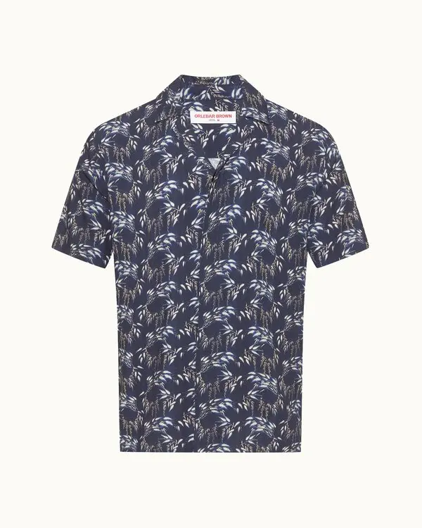 Orlebar Brown Relaxed Fit Capri Collar Catkin Print Linen Hirt In Night Iri - Blue