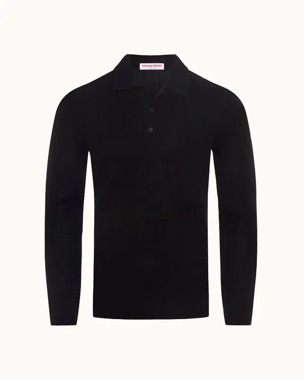 Orlebar Brown Claic Fit Long Leeve Pique Titch Polo Hirt In Night Iri - Blue