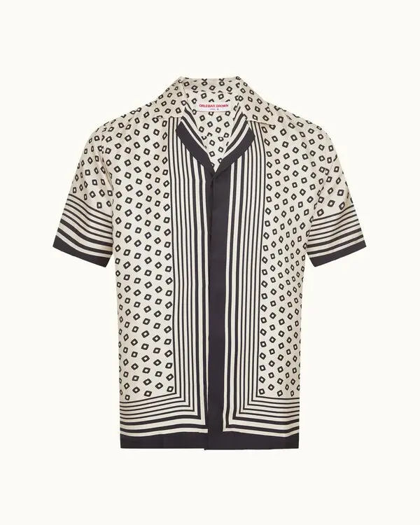Orlebar Brown Relaxed Fit Capri Collar Lumina Print Ilk Hirt In Latte And Night Iri - Latte/night Iris