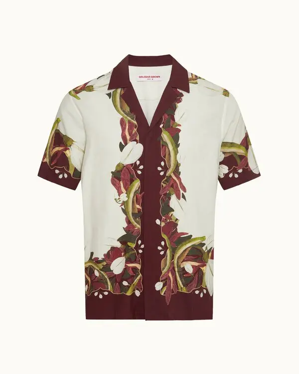Orlebar Brown Relaxed Fit Linen Capri Collar Orchis Print Shirt In Damson - Purple