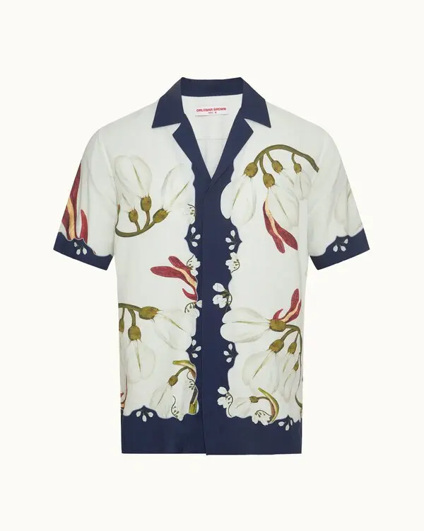 Orlebar Brown Relaxed Fit Linen Capri Collar Orchi Print Hirt In Night Iri - Blue