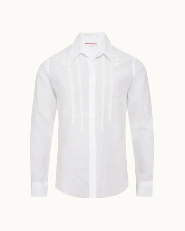 Orlebar Brown Classic Collar Tailored Fit Linen Shirt With Leaf Applique - White