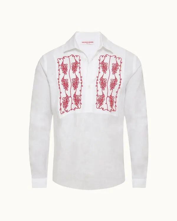 Orlebar Brown Relaxed Fit Claic Collar Hirt With Bib Embroidery - White