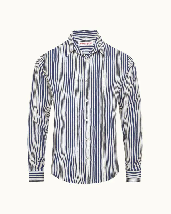 Orlebar Brown Claic Collar Tailored Fit Linen Hirt With Hore Tripe - Blue/white