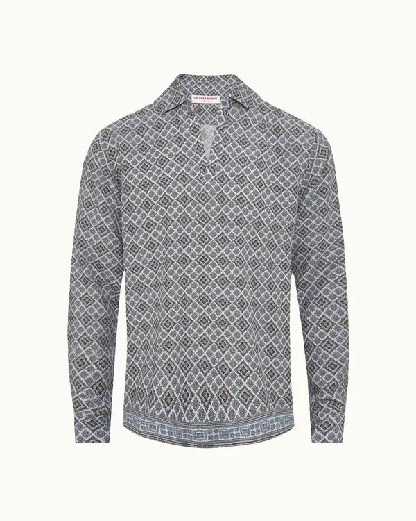 Orlebar Brown Relaxed Fit Open Resort Placket Paisley Season Print Shirt - Wave Blue