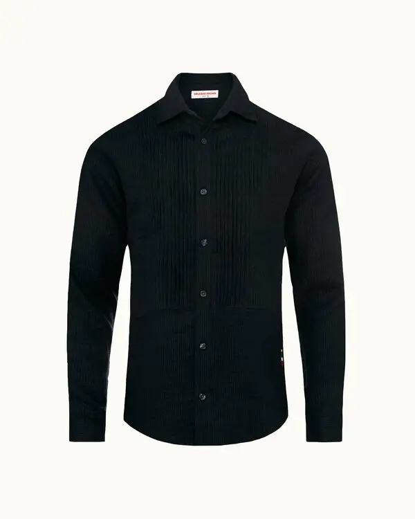 Orlebar Brown Cutaway Collar Tailored Fit Cotton Linen Hirt With Pleated Bib In Night Iri - Blue