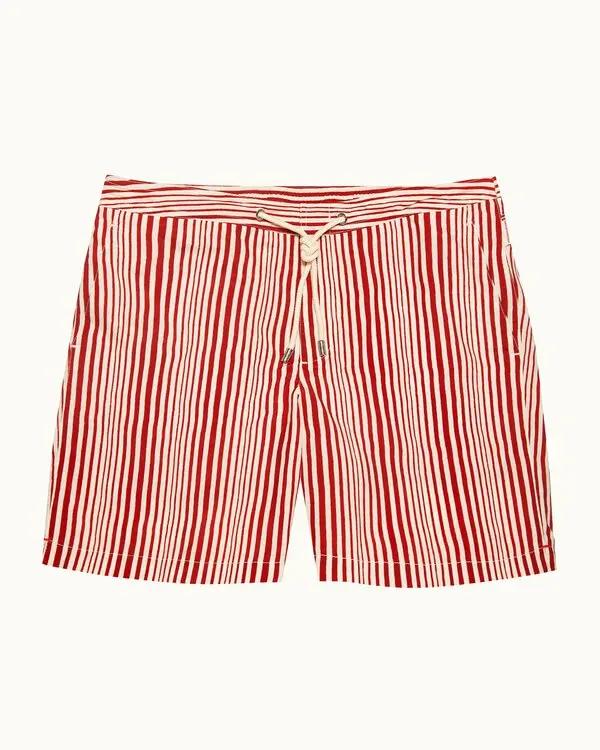 Orlebar Brown Mid-length Shore Stripe Drawcord Swim Shorts In Summer /white - Red