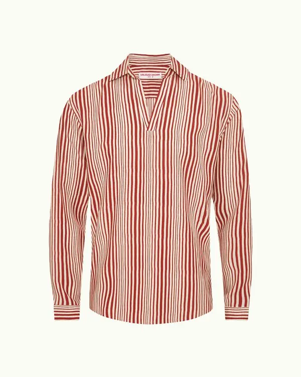 Orlebar Brown Relaxed Fit Open Reort Placket Hore Tripe Linen Hirt In Ummer /white - Red