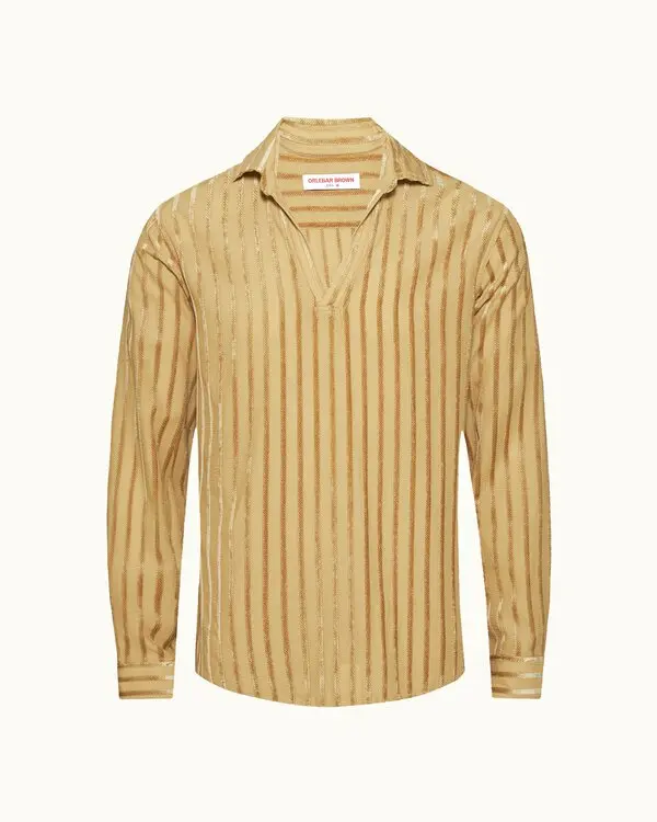 Orlebar Brown Relaxed Fit Open Reort Placket Chenille Tripe Hirt - Biscuit