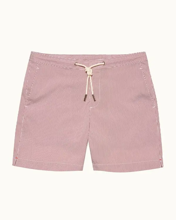 Orlebar Brown Mid-length Drawcord Seersucker Swim Shorts - Dark Ruby/white Stripe