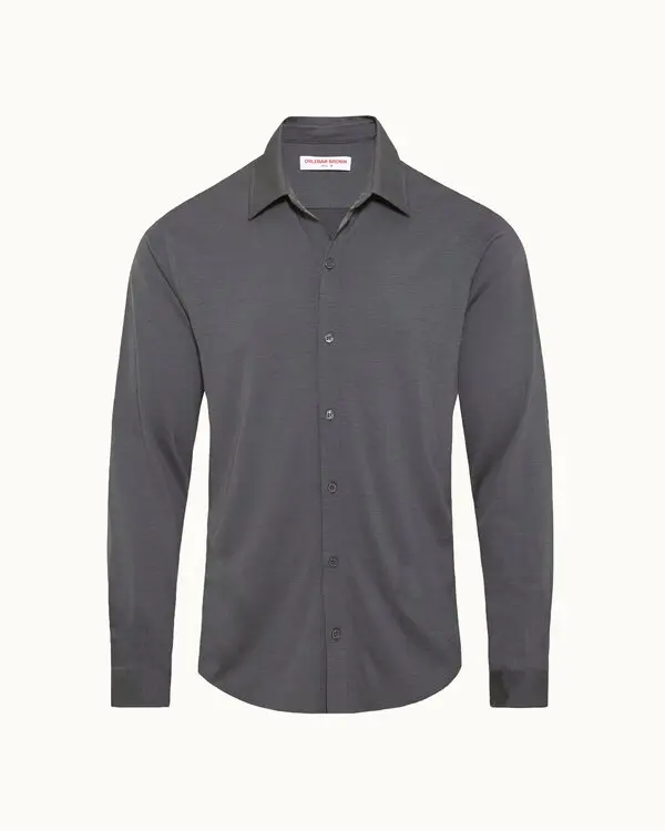 Orlebar Brown Tailored Fit Claic Collar Merino Hirt In Granite - Grey