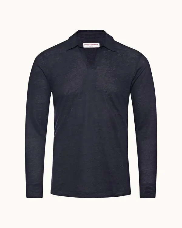 Orlebar Brown Night Iris Taiored Fit Ong-seeve Resort Coar Inen Poo Shirt - Blue