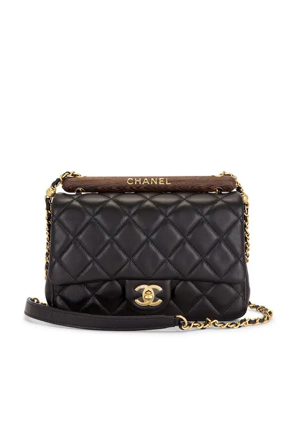 Chanel Lambskin Flap Bag With Wenge Wood Handle - Black