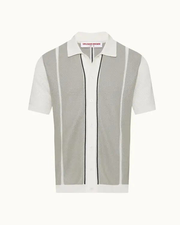 Orlebar Brown 3-colour Stripe Classic Fit Organic Cotton Shirt Knitted In Italy In Colours - White/oyster Grey/night Iris