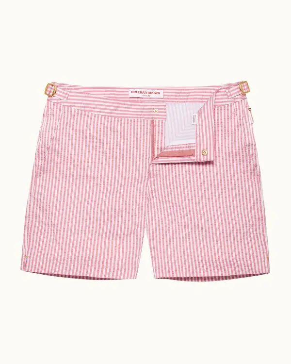 Orlebar Brown Mid-length Seersucker Stripe Swim Shorts In Woven In Italy - White/seashell Pink
