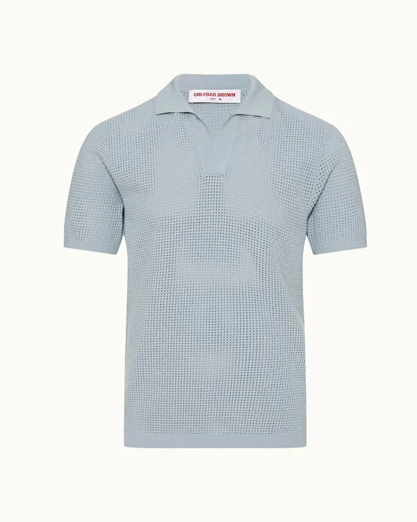 Orlebar Brown Tailored Fit Waffle Meh Titch Polo Hirt Knitted In Italy - Light Sky Pool