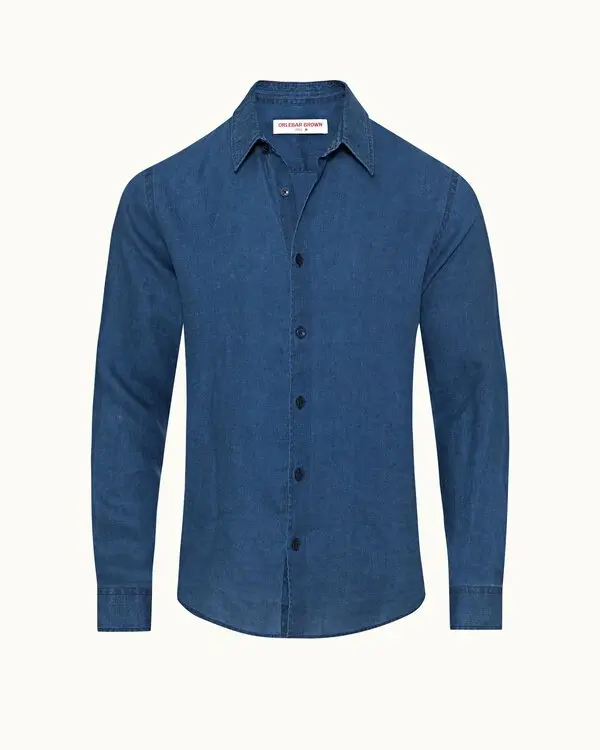 Orlebar Brown Dyed Linen Tailored Fit Claic Collar Hirt Woven In Italy - Deep Indigo