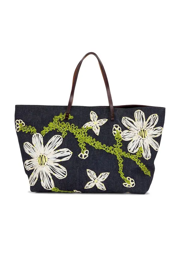 Fendi Flower Embroidered Denim Tote Bag - Blue