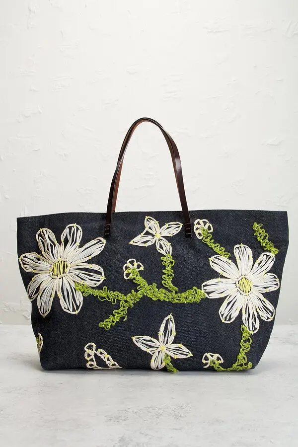 Fendi Flower Embroidered Denim Tote Bag