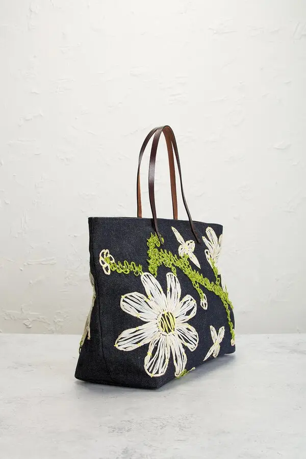 Fendi Flower Embroidered Denim Tote Bag