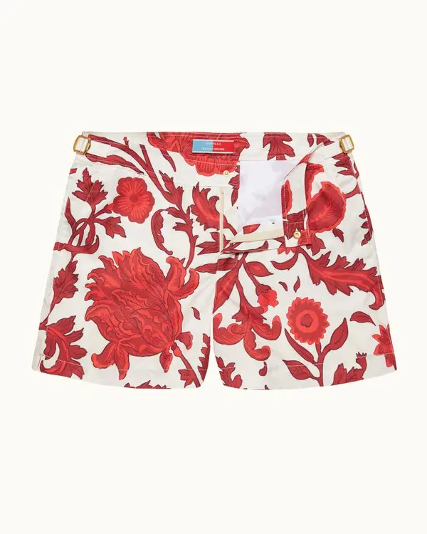 Orlebar Brown Dragonflower Print Shorter-length Swim Shorts Woven In France In Summer /white Sand Colour - Red