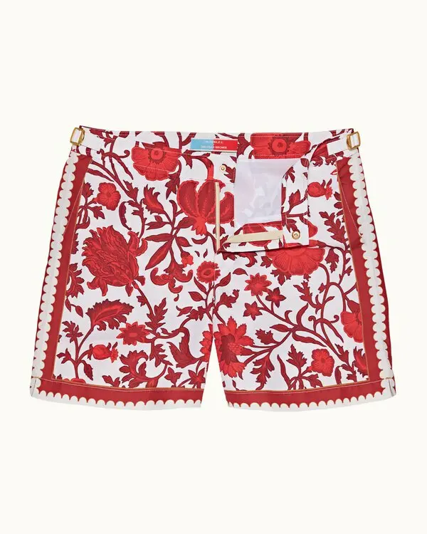 Orlebar Brown Dragonflower Print Mid-length Swim Shorts Woven In France In Summer /white Sand Colour - Red