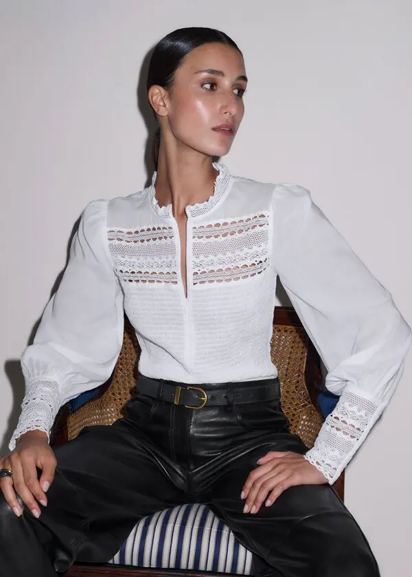 ME+EM Cotton Shirred Lace Trim Top