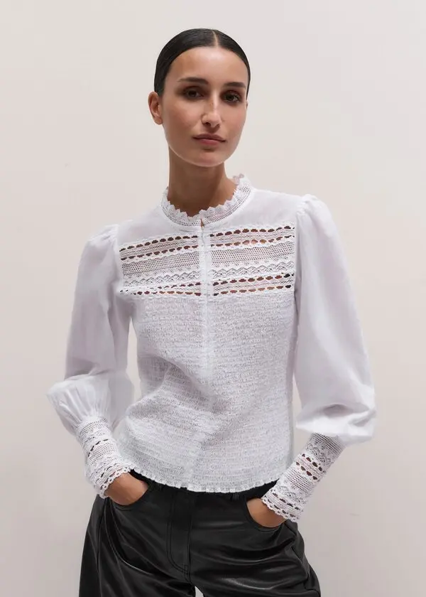 ME+EM Cotton Shirred Lace Trim Top