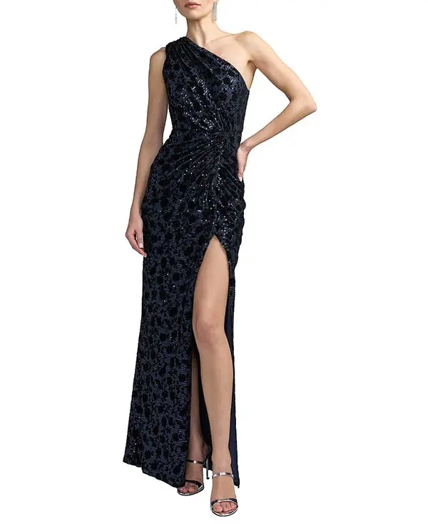 Mac Duggal Floral One Shoulder Sequin Gown With Slit