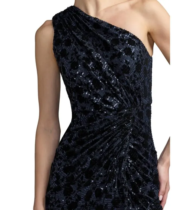 Mac Duggal Floral One Shoulder Sequin Gown With Slit