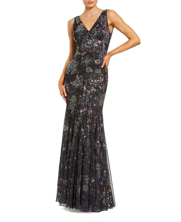 Mac Duggal Embellished Floral Sleeveless V-back Gown