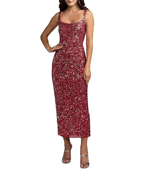 Mac Duggal Sleeveless Scoop Neck Sequin Ankle Dress - Red