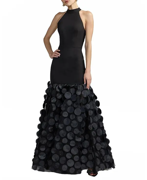 Mac Duggal Crepe Halter Neck Trumpet Gown With Appliqued Sheer Skirt