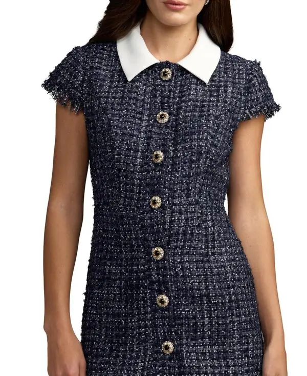 Mac Duggal Boucle Cap Sleeve Mini Dress With Flower Details