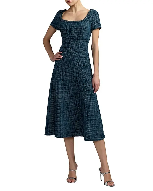 Mac Duggal Petite Short Sleeve Embellished Boucle Midi Dress - Teal