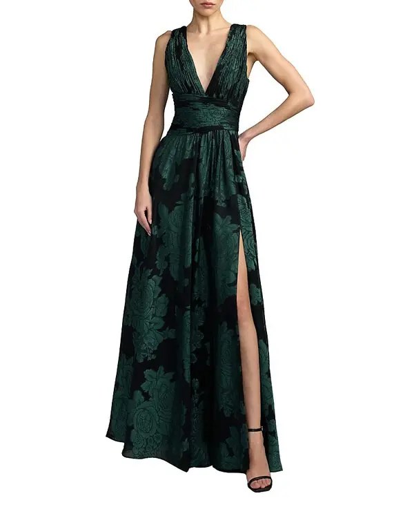 Mac Duggal Burnout Chiffon Sleeveless V Neck A Line Gown - Emerald Multi