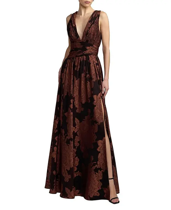 Mac Duggal Burnout Chiffon Sleeveless V-neck A-line Gown - Spice Multi
